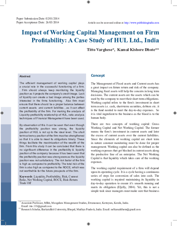 (PDF) Impact of Working Capital Management on Firm Profitability: A Case Study of HUL Ltd ...