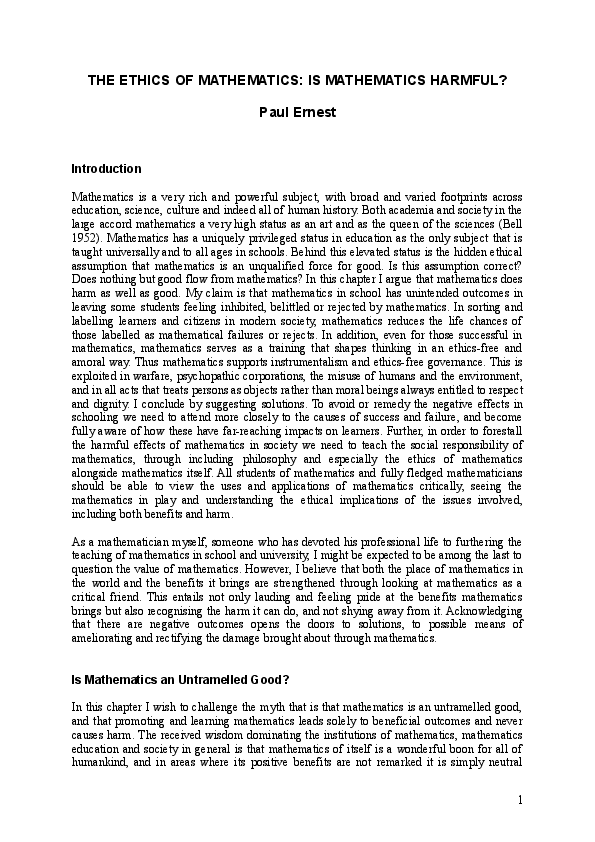 (DOC) THE ETHICS OF MATHEMATICS: IS MATHEMATICS HARMFUL