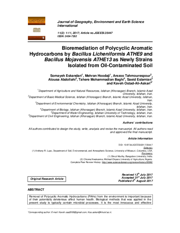 (PDF) Bioremediation of Polycyclic Aromatic Hydrocarbons by Bacillus Licheniformis ATHE9 and ...