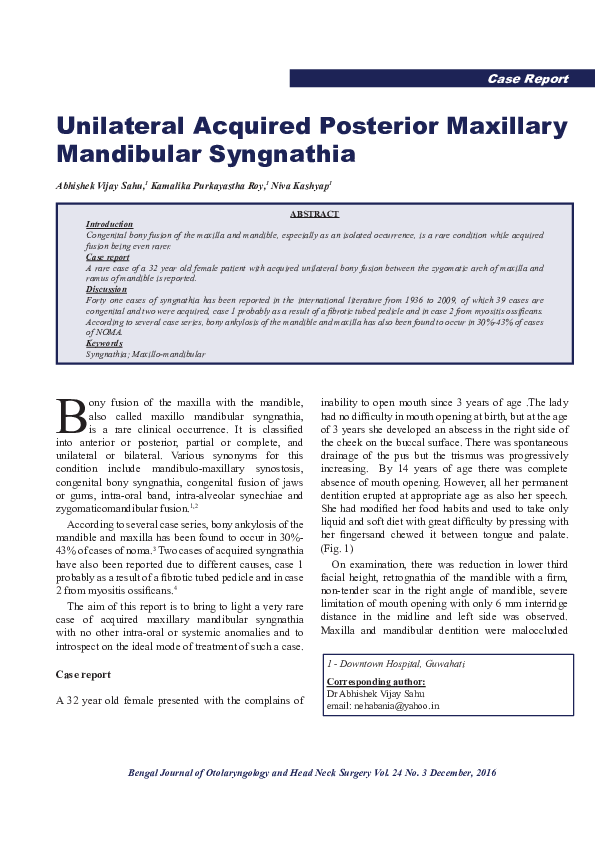 (PDF) Unilateral Acquired Posterior Maxillary Mandibular Syngnathia