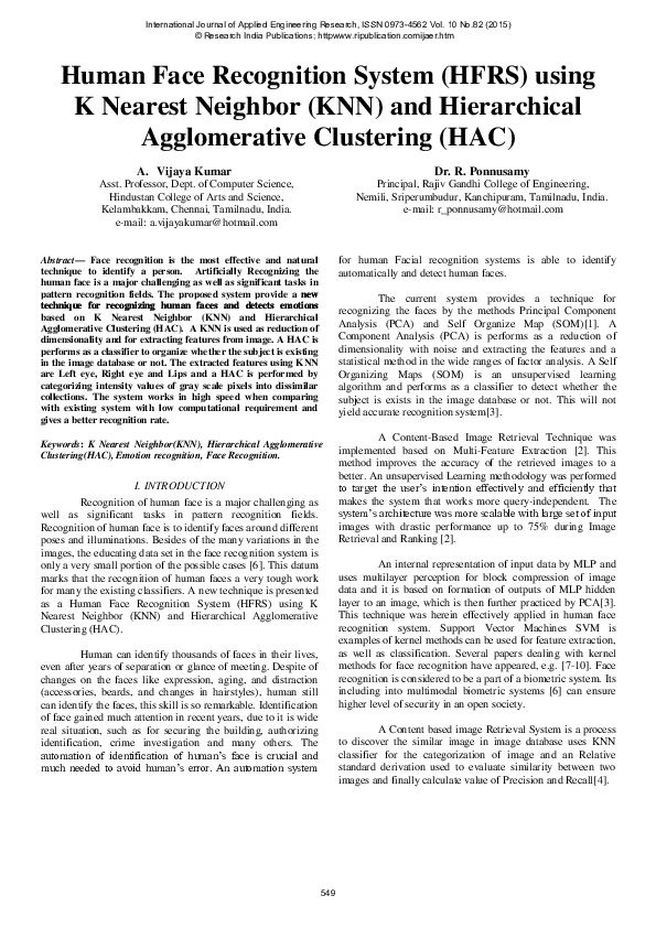 (PDF) Human Face Recognition System (HFRS) using K Nearest Neighbor (KNN) and Hierarchical ...