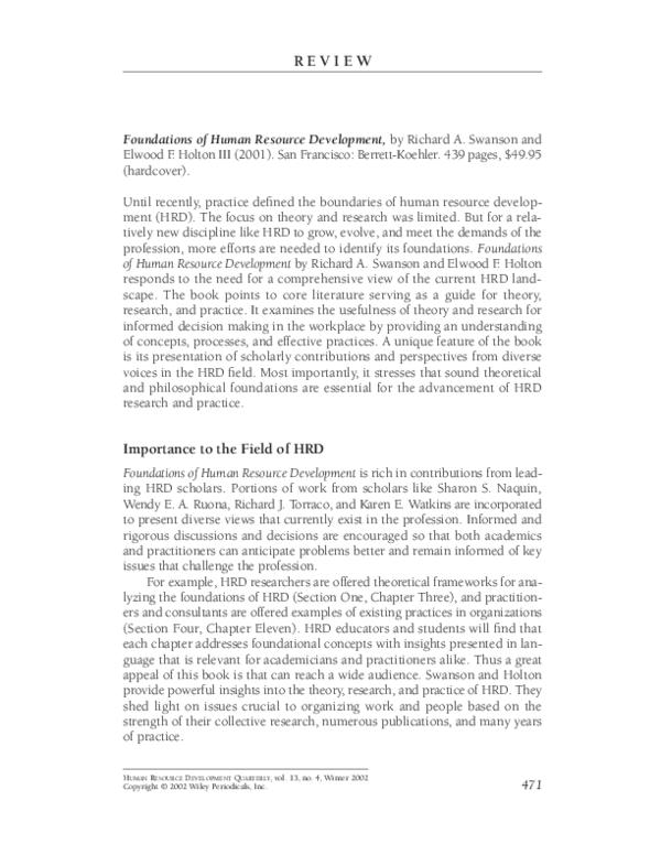 (PDF) Foundations of Human Resource Development, by Richard A.Swanson ...