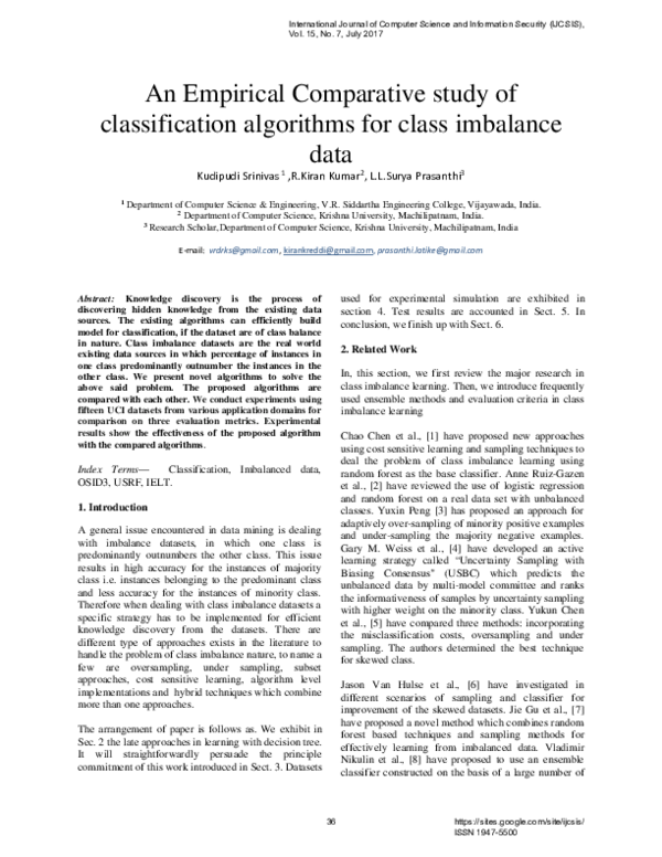(PDF) An Empirical Comparative study of classification algorithms for class imbalance data