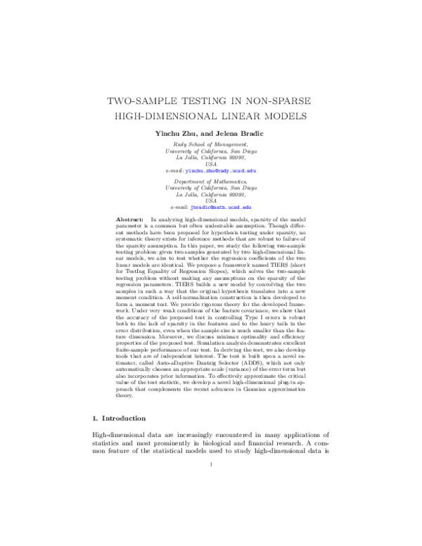 Pdf Two Sample Testing In Non Sparse High Dimensional Linear Models Jelena Bradic