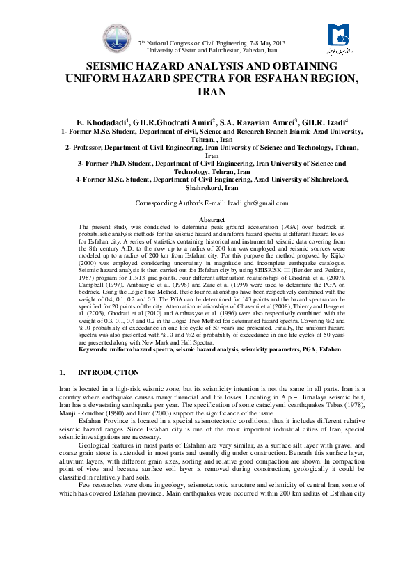 (PDF) SEISMIC HAZARD ANALYSIS AND OBTAINING UNIFORM HAZARD SPECTRA FOR ...