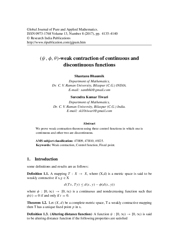 (PDF) (ψ, φ, θ)-weak contraction of continuous and discontinuous functions