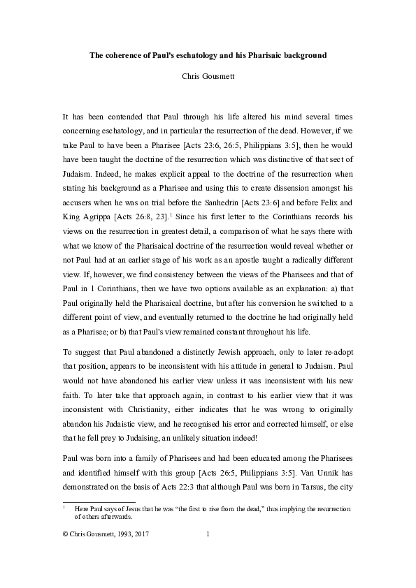 (PDF) The coherence of Paul's eschatology and his Pharisaic background