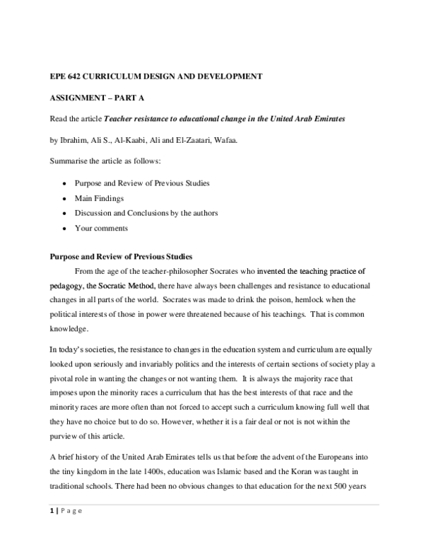 Doc Epe 642 Curriculum Design And Development Assignment Part A