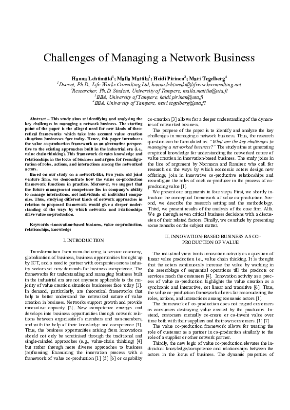 (PDF) Challenges of Managing a Network Business