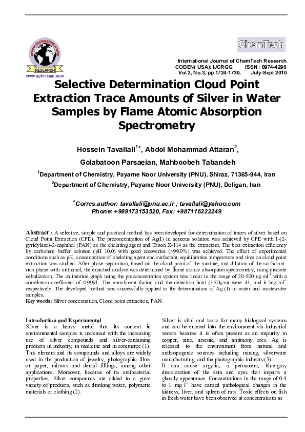 Pdf Selective Determination Cloud Point Extraction Trace Amounts Of Silver In Water Samples By