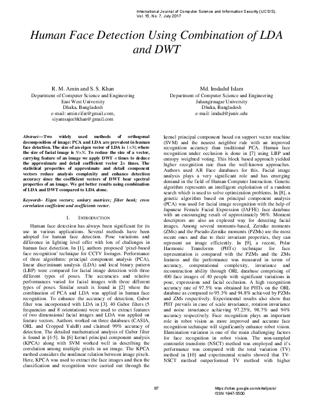 (PDF) Human Face Detection Using Combination of LDA and DWT