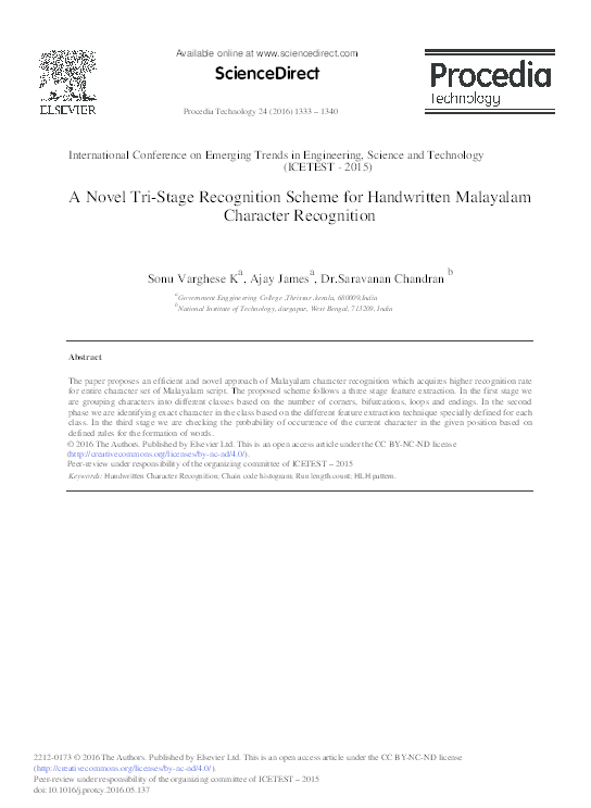 Pdf A Novel Tri Stage Recognition Scheme For Handwritten Malayalam