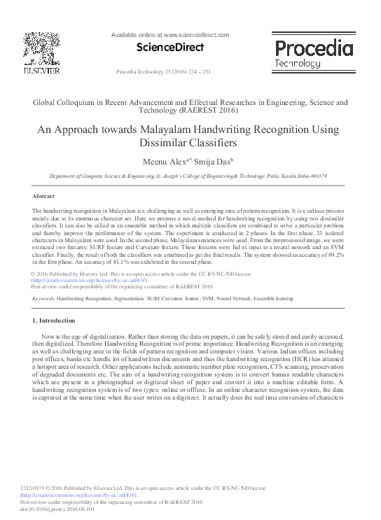 Pdf An Approach Towards Malayalam Handwriting Recognition Using