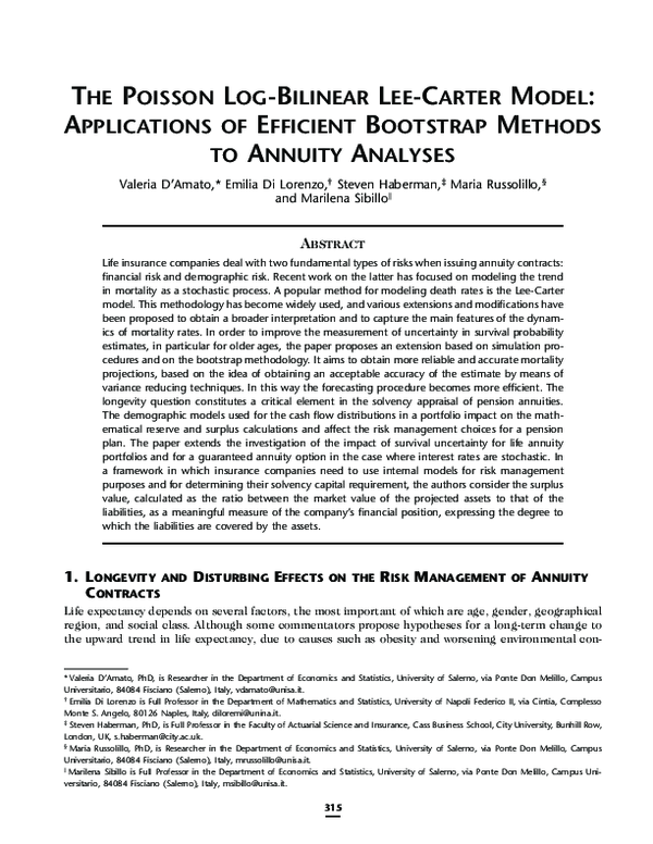 Pdf The Poisson Log Bilinear Lee Carter Model Applications Of