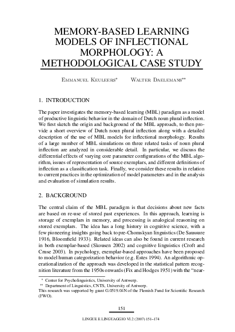 (PDF) Memory-Based Learning Models of Inflectional Morphology: A ...