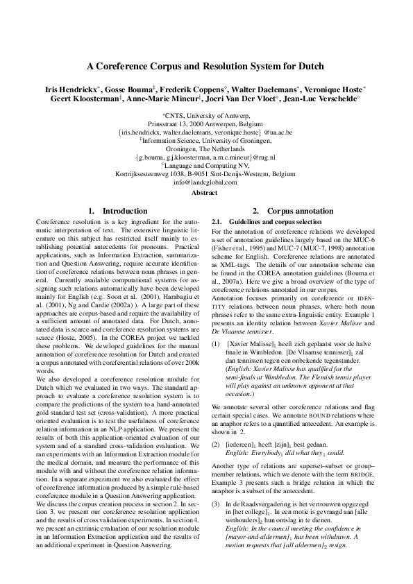 (PDF) A Coreference Corpus and Resolution System for Dutch