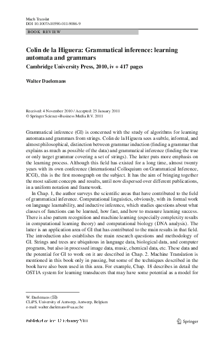 (PDF) Colin de la Higuera: Grammatical inference: learning automata and grammars