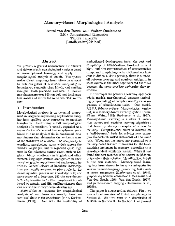 (PDF) Memory-based morphological analysis