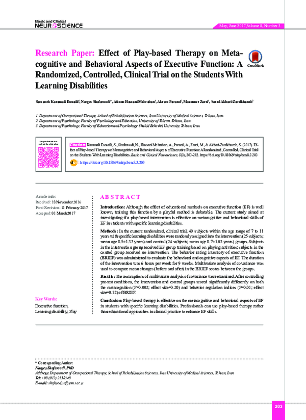 (PDF) Effect of Play-based Therapy on Metacognitive and Behavioral Aspects of Executive Function ...