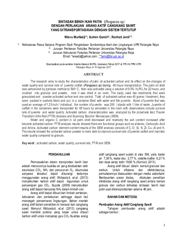 (PDF) SINTASAN BENIH IKAN PATIN (Pangasius sp) DENGAN PERLAKUAN ARANG ...