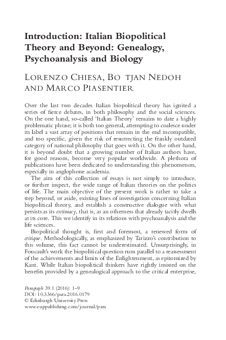 (PDF) Italian Biopolitical Theory: Genealogy, Psychoanalysis, and Biology