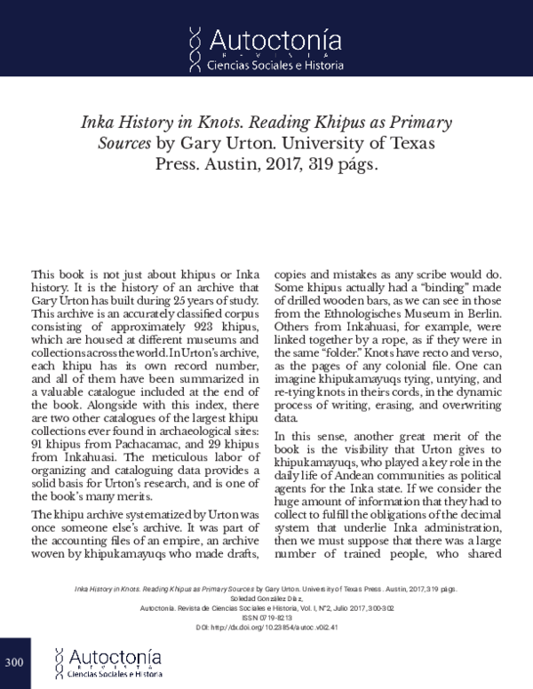 (PDF) Reseña. Inka History in Knots. Reading Khipus as Primary Sources ...