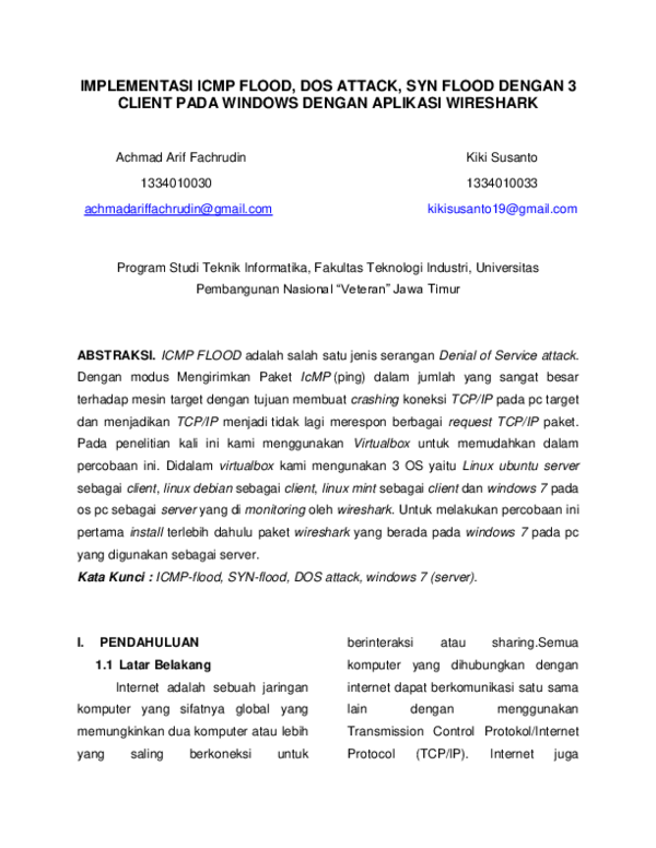 Pdf Implementasi Icmp Flood Dos Attack Syn Flood Dengan 3 Client Pada Windows Dengan