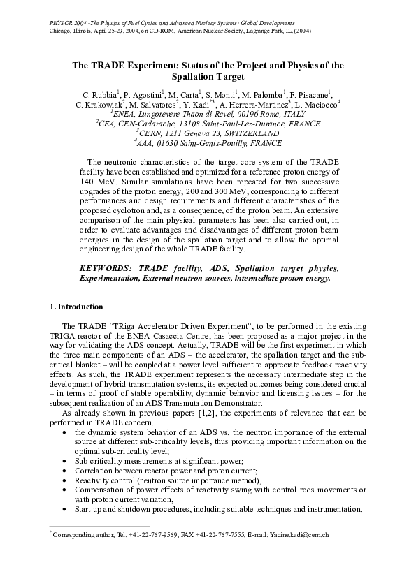 (PDF) The TRADE Experiment: Status of the Project and Physics of the ...