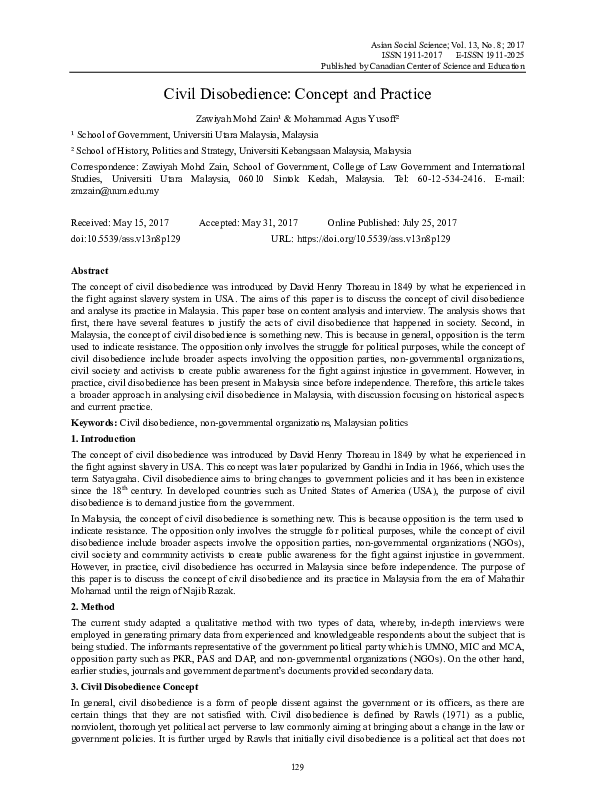 (PDF) Civil Disobedience: Concept and Practice