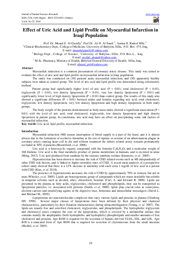 (PDF) Effect of Uric Acid and Lipid Profile on Myocardial Infarction in Iraqi Population | ali ...