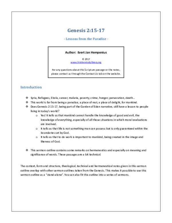 (PDF) Genesis 2:15-17 -Lessons from the Paradise