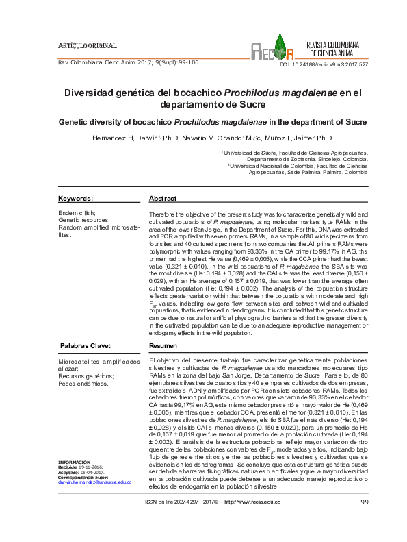 (PDF) Genetic diversity of bocachico Prochilodus magdalenae in the ...