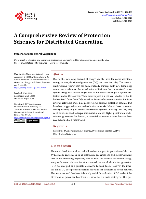 Pdf A Comprehensive Review Of Protection Schemes For Distributed Generation