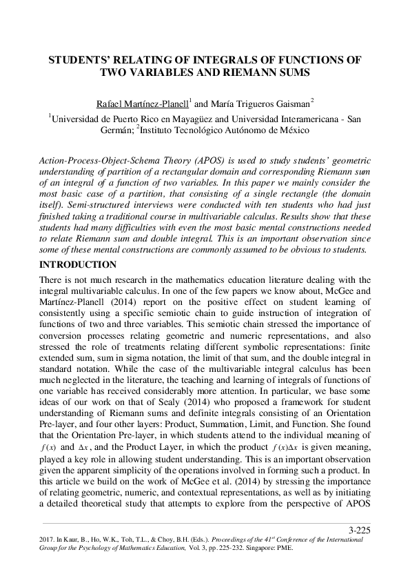 (PDF) STUDENTS' RELATING OF INTEGRALS OF FUNCTIONS OF TWO VARIABLES AND RIEMANN SUMS