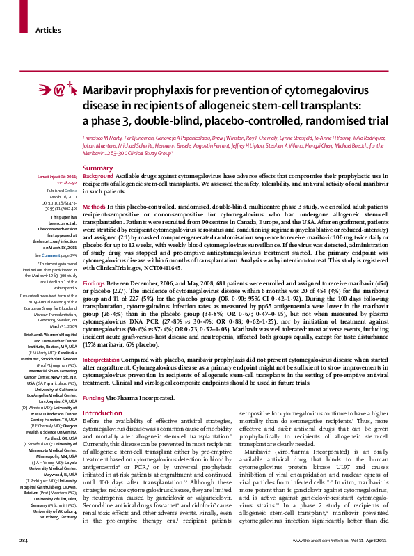 (PDF) Maribavir prophylaxis for prevention of cytomegalovirus disease in recipients of ...