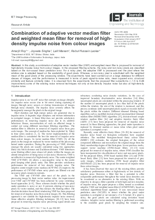 Pdf Combination Of Adaptive Vector Median Filter And Weighted Mean Filter For Removal Of High 7245