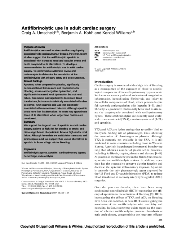 (PDF) Antifibrinolytic use in adult cardiac surgery | Craig Umscheid ...