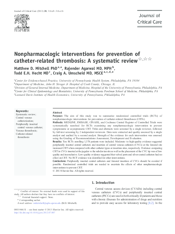 (PDF) Nonpharmacologic interventions for prevention of catheter-related thrombosis: A systematic ...
