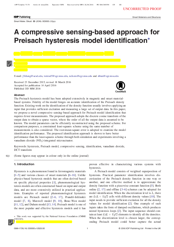 (PDF) A compressive sensing-based approach for Preisach hysteresis model identification