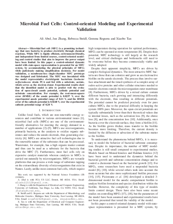 Pdf Microbial Fuel Cells Control Oriented Modeling And Experimental