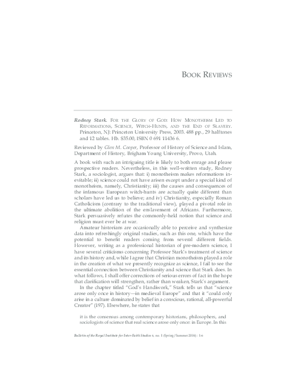 (PDF) Review of: Rodney Stark, For the Glory of God: How Monotheism Led ...