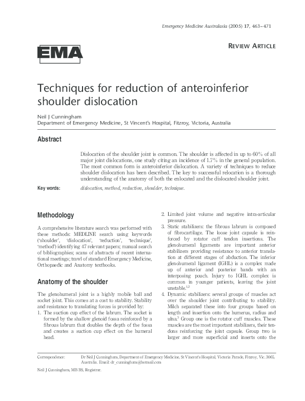 (PDF) Techniques for reduction of anteroinferior shoulder dislocation