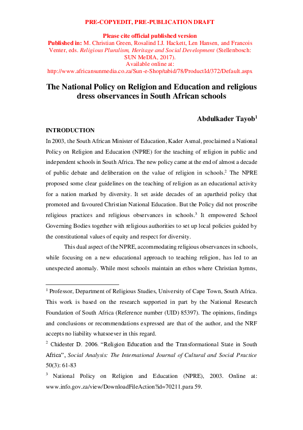 (PDF) The National Policy on Religion and Education and religious dress ...