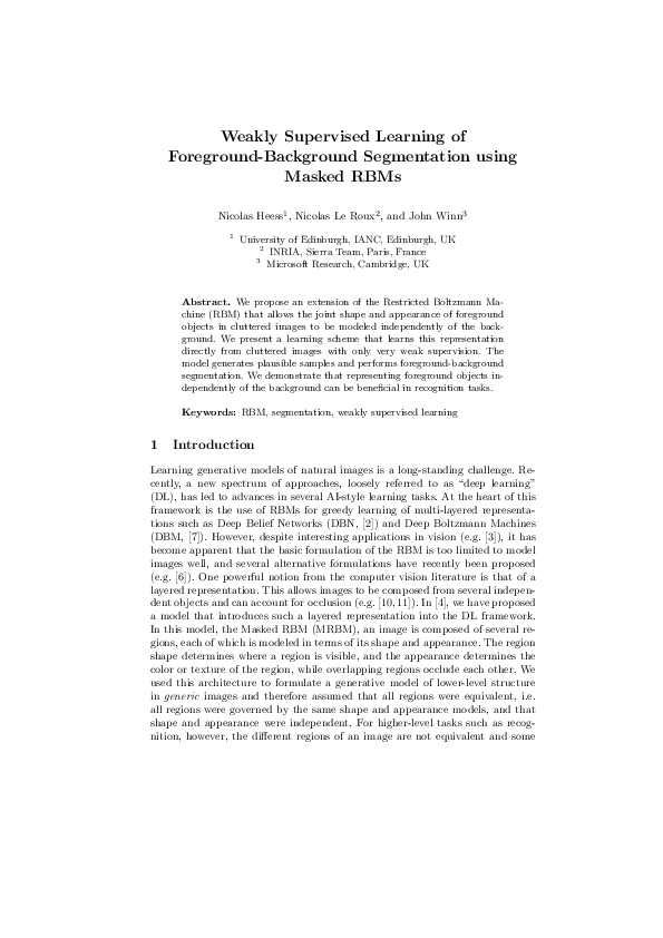 (PDF) Weakly Supervised Learning of Foreground-Background Segmentation Using Masked RBMs