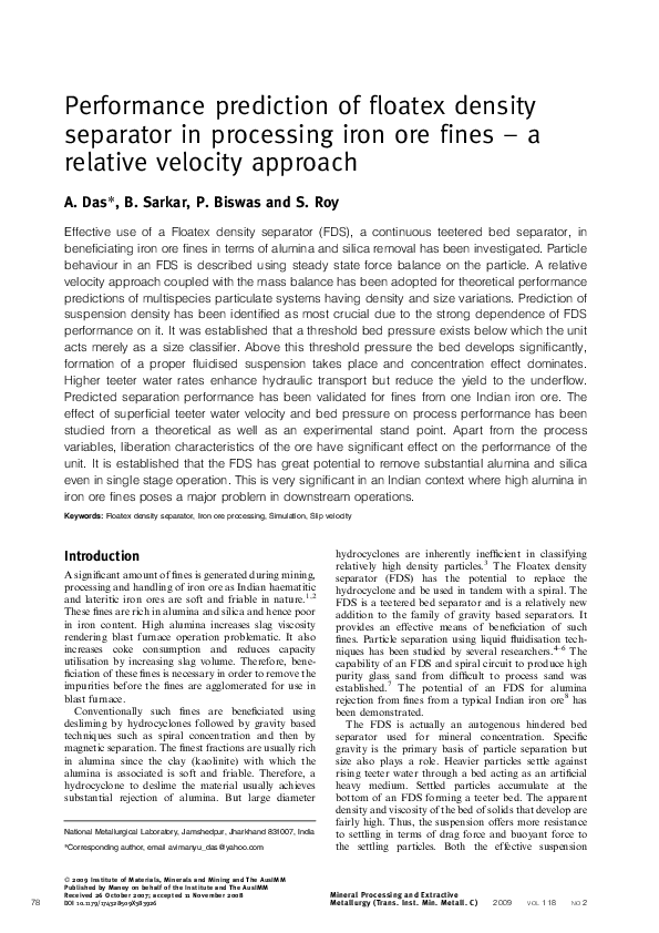 (PDF) Performance prediction of floatex density separator in processing iron ore fines – a ...