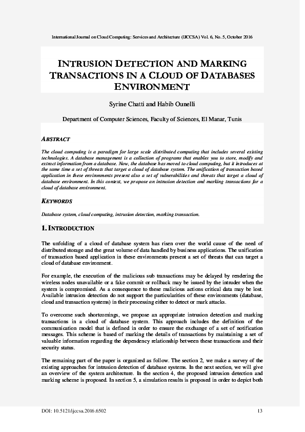 Pdf Intrusion Detection And Marking Transactions In A Cloud Of Databases Environment