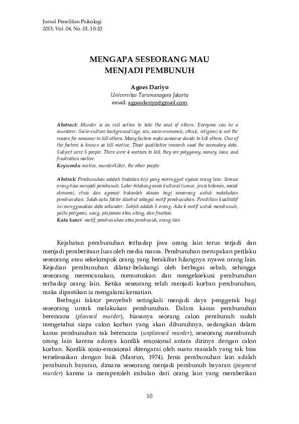 (PDF) MENGAPA SESEORANG MAU MENJADI PEMBUNUH Agoes Dariyo