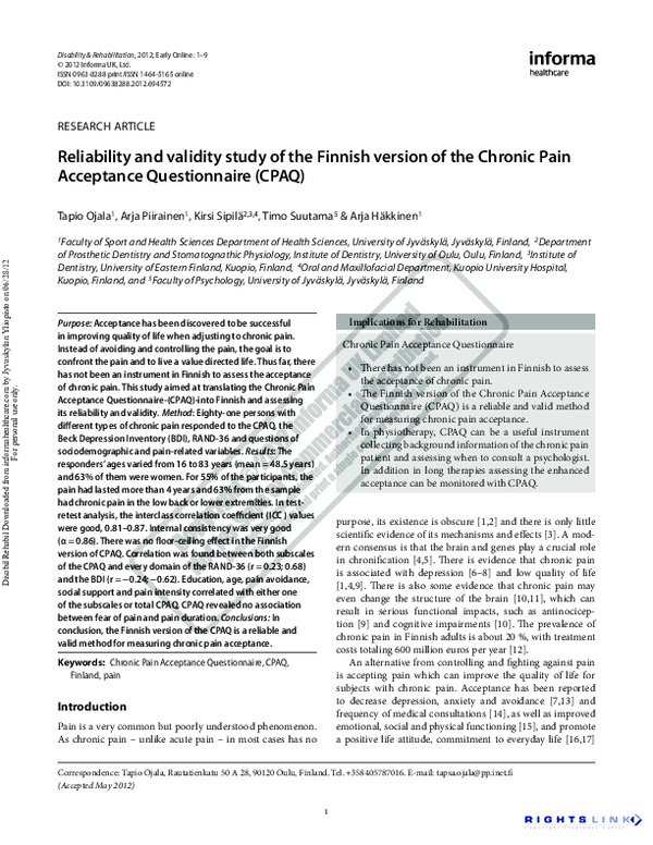 (PDF) Reliability and validity study of the Finnish version of the Chronic Pain Acceptance ...