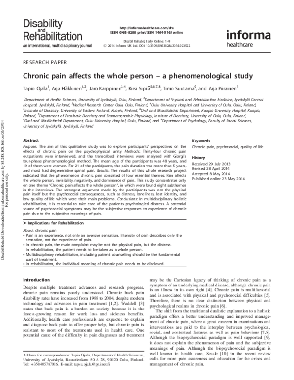 (PDF) Chronic pain affects the whole person – a phenomenological study