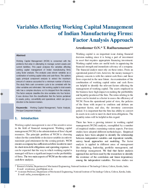Pdf Variables Affecting Working Capital Management Of Indian
